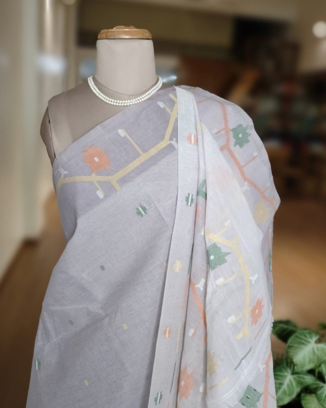 Hand Jamdani Crisp Cotton - Grey - The Magic Room