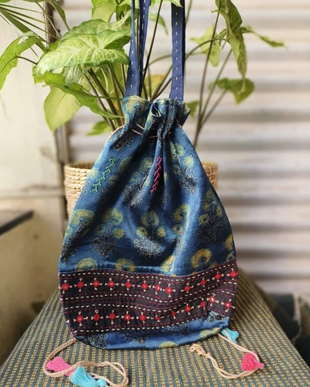 Rounded Jhola Bag in Modal Silk - Blue (RJMS0001) - The Magic Room