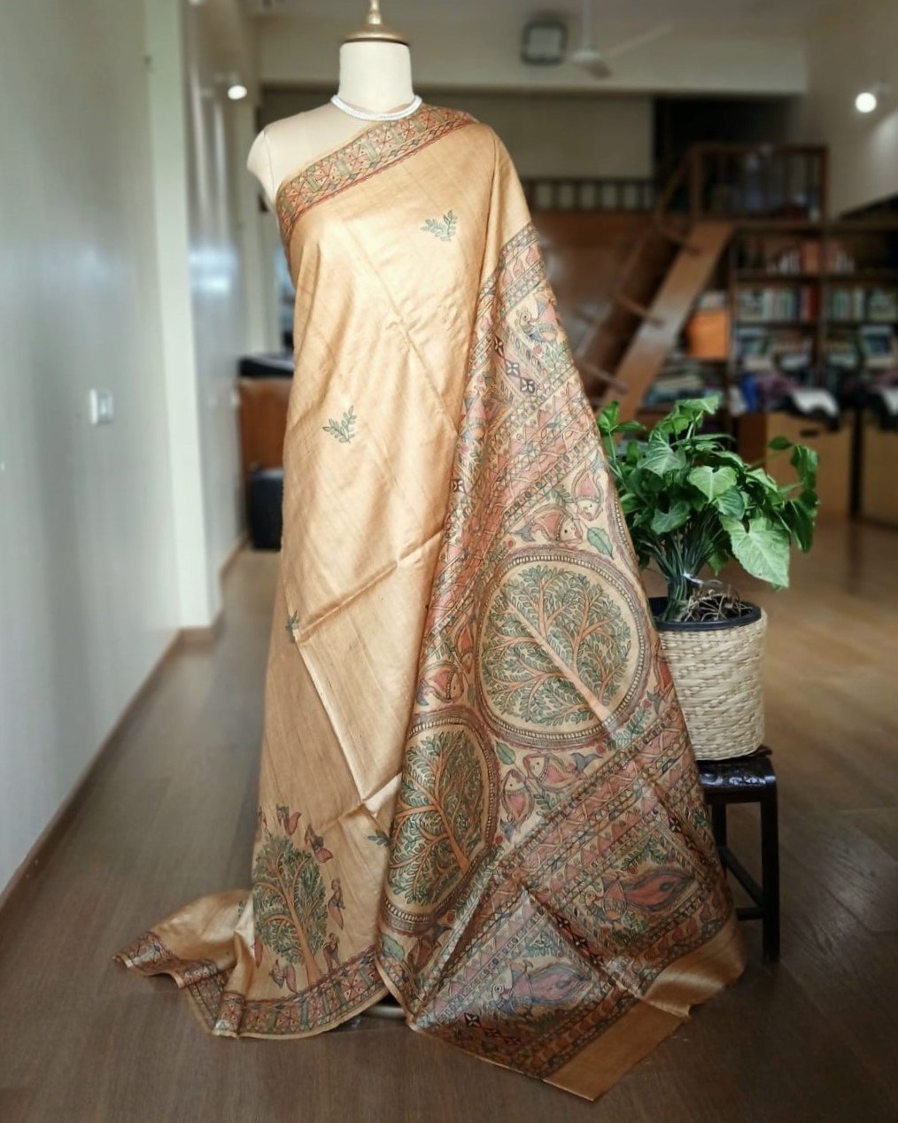 Madhubani on Tussar Silk - Tree of Life and Fish - The Magic Room