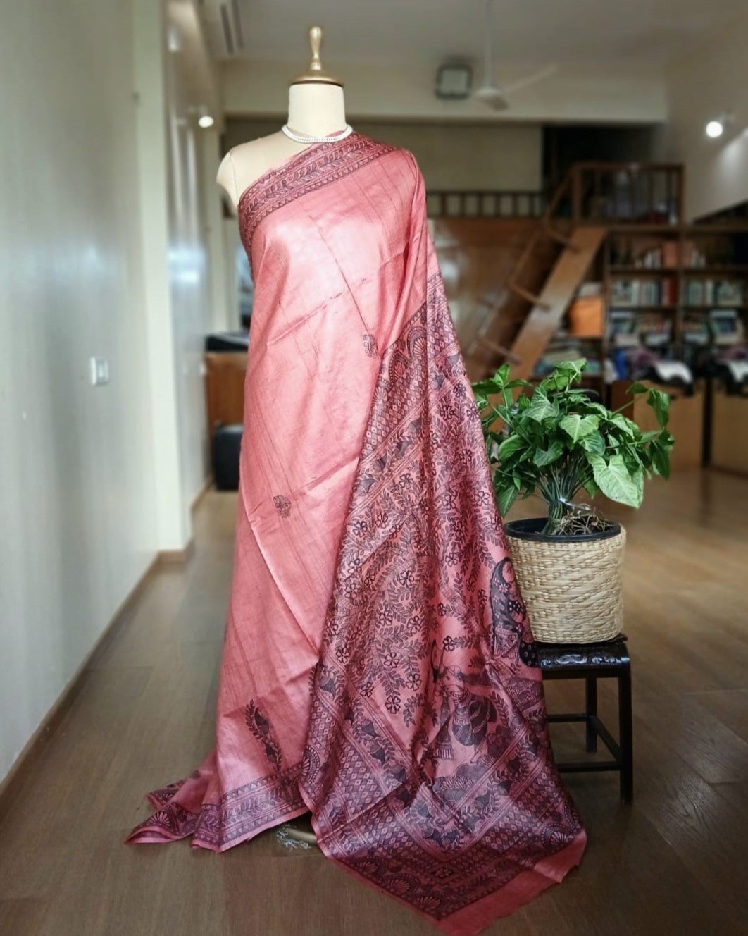 Madhubani on Tussar Silk - Radha-Krishna Under a Tree. - The Magic Room