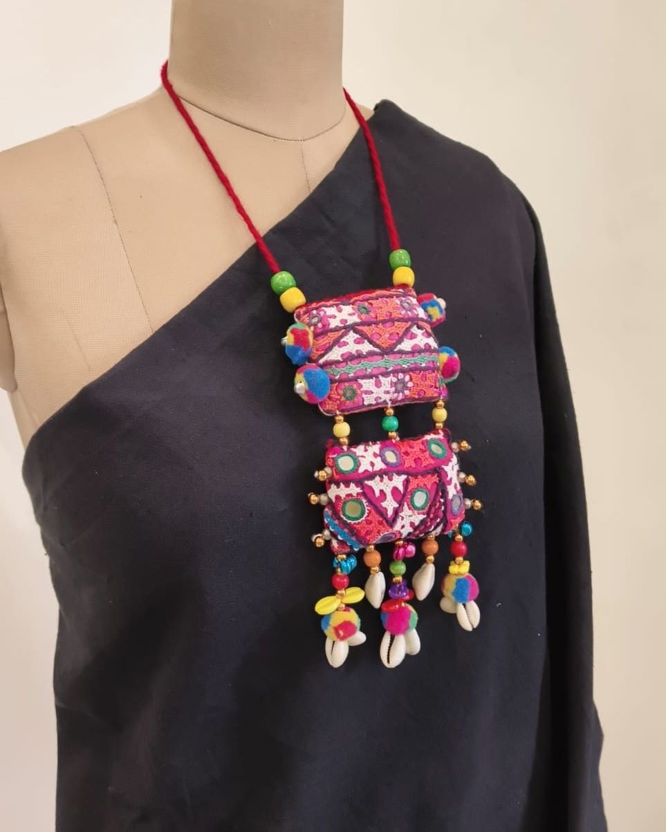 Colourful Meghwal Hand Embroidered necklace – (CMHE0029) - The Magic Room
