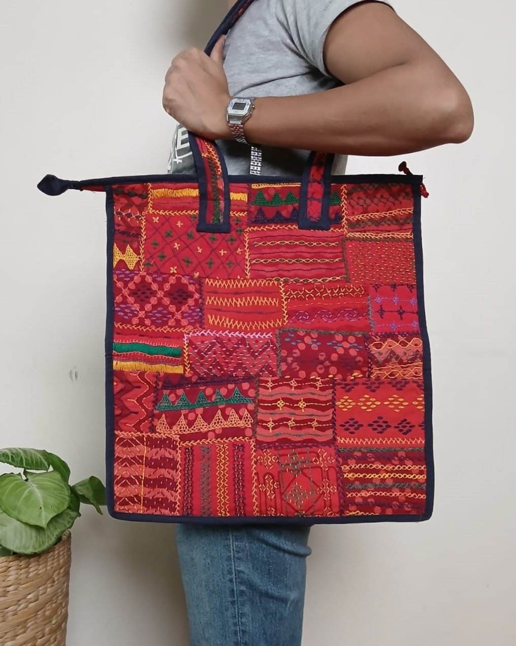 Boho Patchwork Tote Bag with Hand-Embroidery -(TOTB1017) - The Magic Room